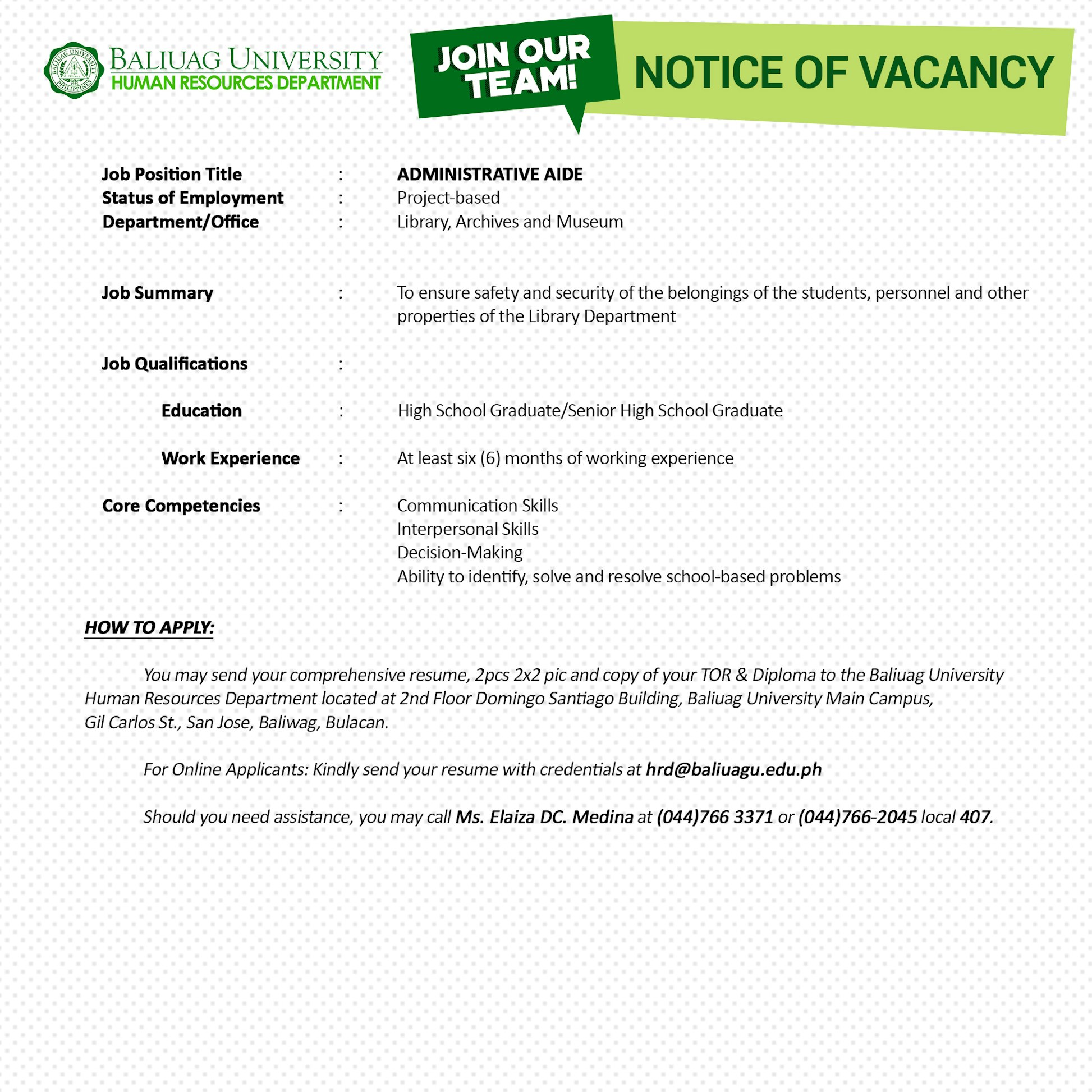 Administrative Aide - Library, Archives and Museum - Baliuag University