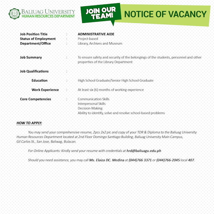 Administrative Aide - Library, Archives and Museum - Baliuag University